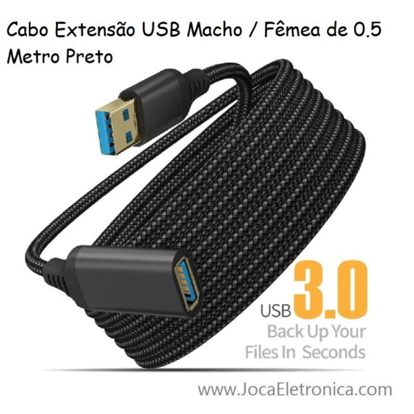 Cabo Extensão USB Macho / Fêmea de 0.5 Metro Preto - JocaEletronica